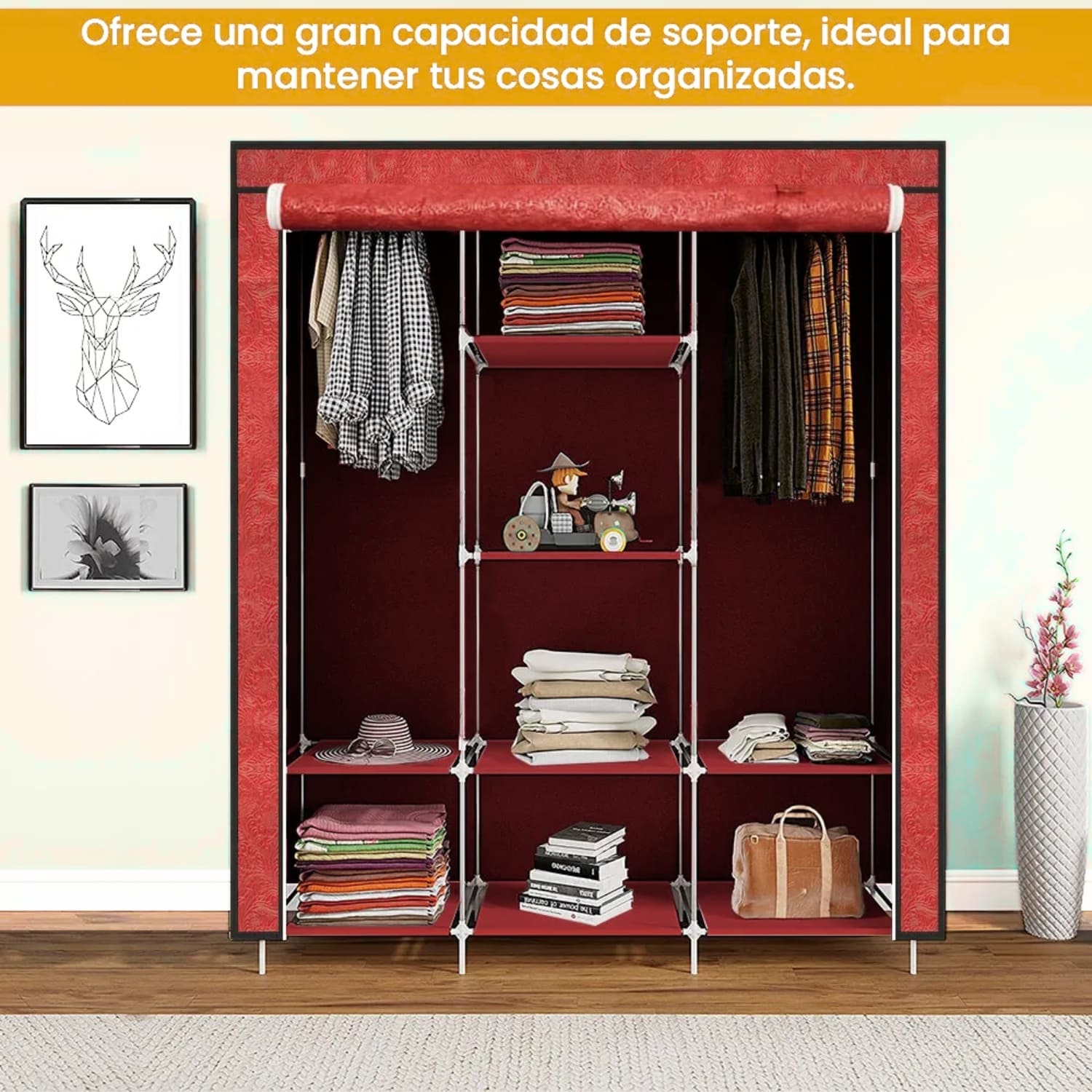 Ropero Armable de Tela Armario de 3 Cuerpos con 8 Divisiones Rojo ...